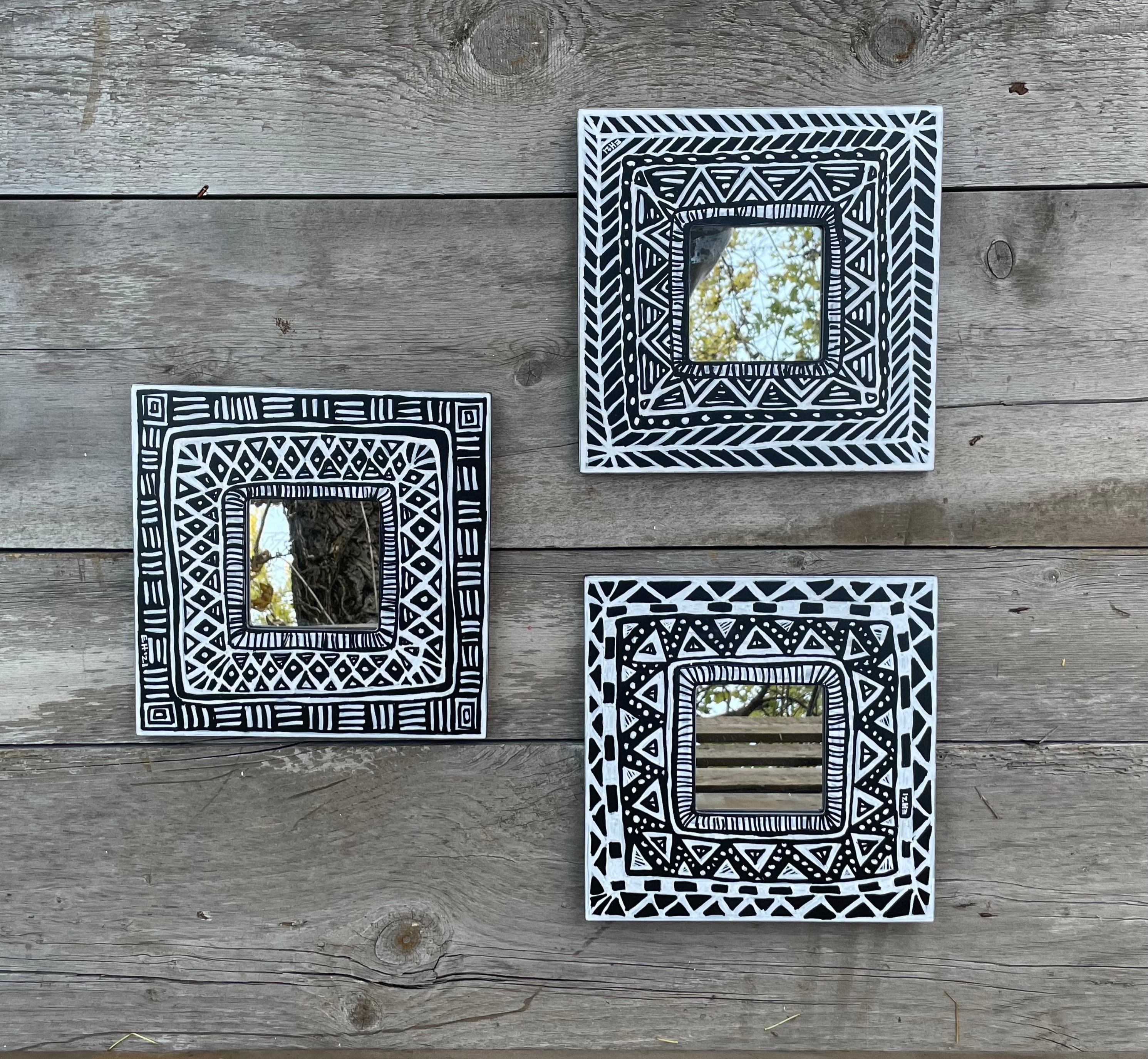 Black White Boho Chic African Inspired Accent Mirrors Geometric Hand ...