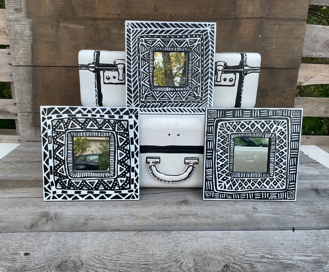 Black White Boho Chic African Inspired Accent Mirrors Geometric Hand ...