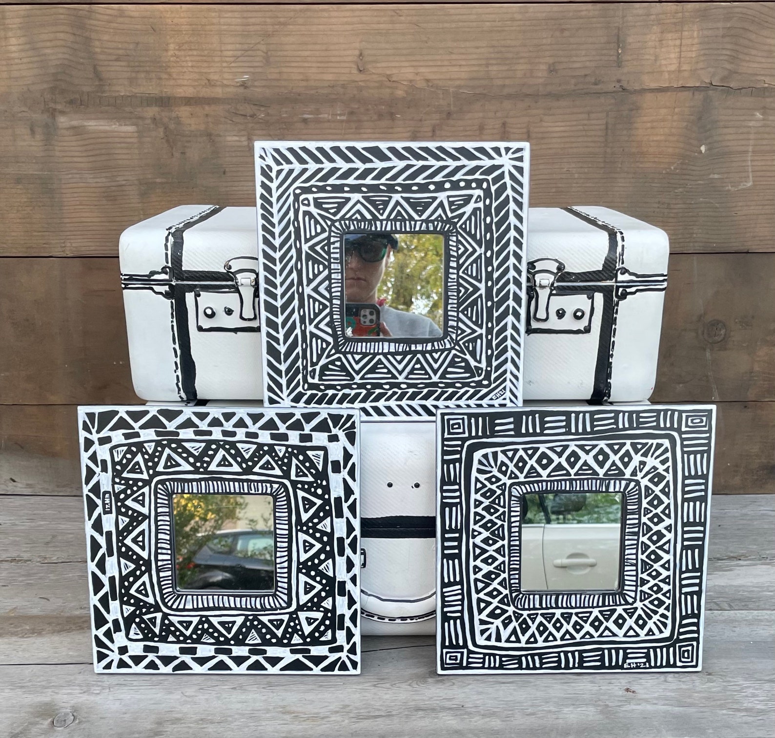 Black White Boho Chic African Inspired Accent Mirrors Geometric Hand ...
