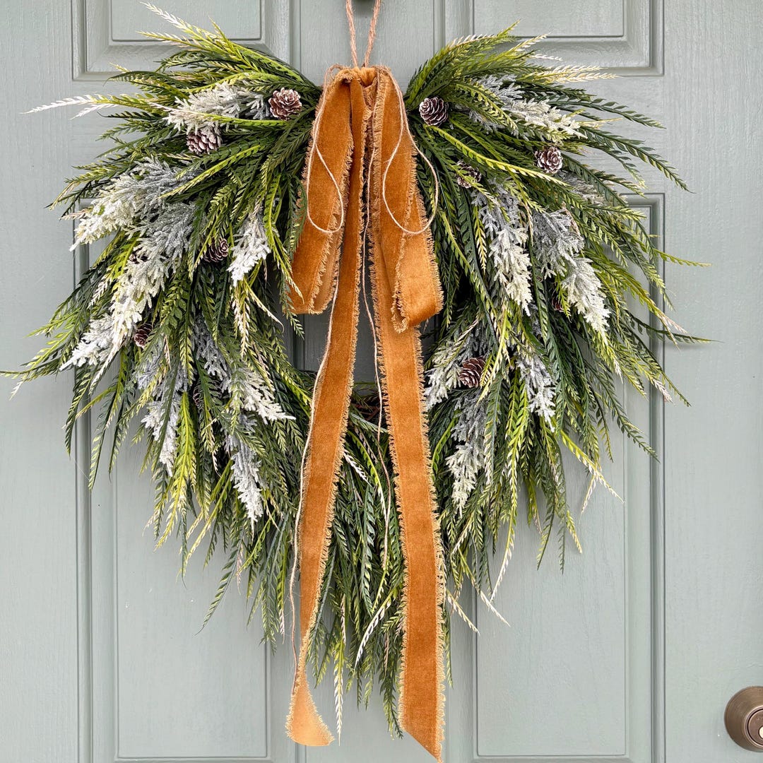 Winter Greenery Wreath With Velvet Bow — Neutral Farmhouse Cascading ...