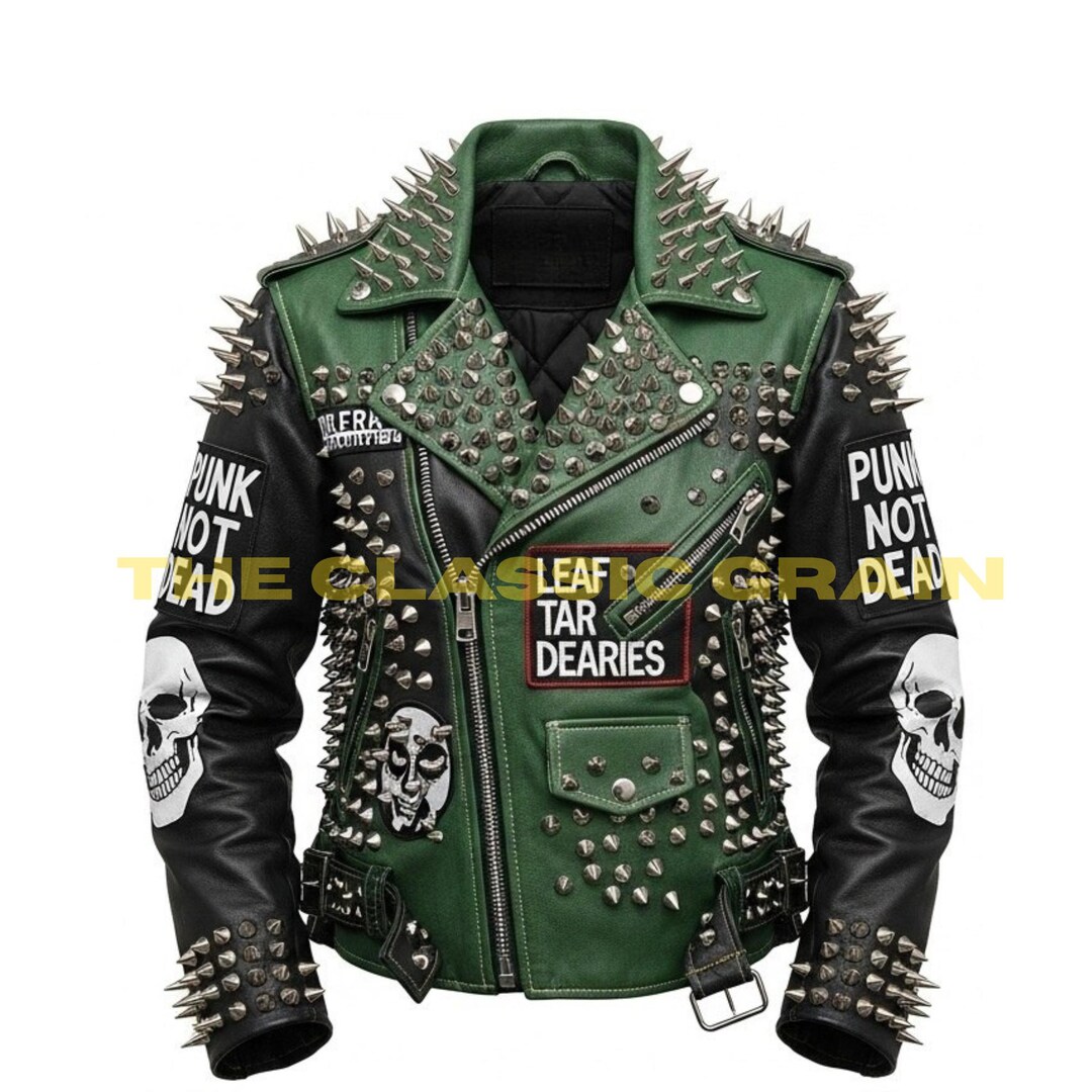 Men’s Punk Battle Jacket, Handmade Spiked Green Leather Studded Coat ...