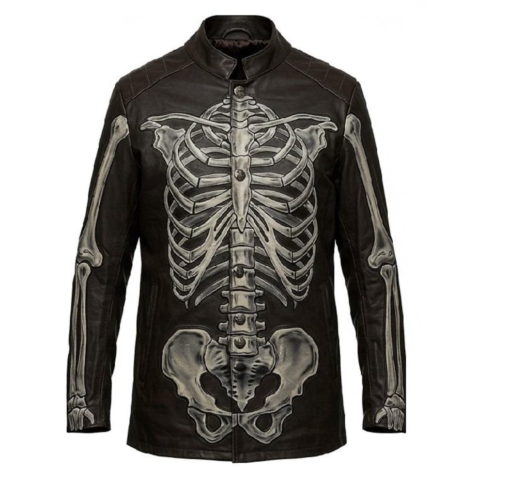 Men’s Leather Jacket Skeleton Front & Flaming Skull Back | Gothic Biker ...