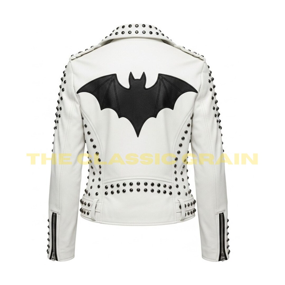 Women’s Handmade White Leather Bat Jacket – Studded Goth Biker Coat ...