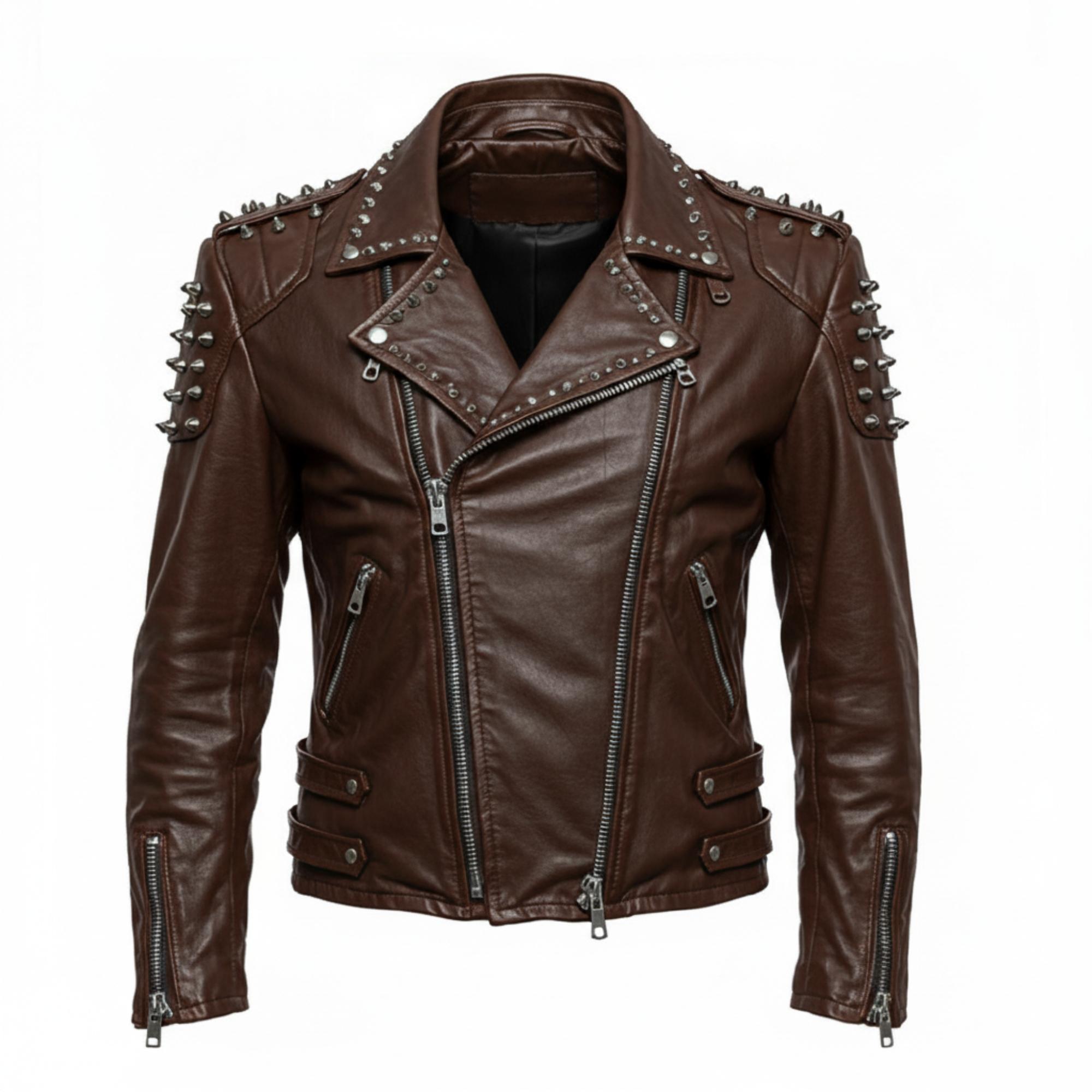 Men’s Black Spiked Leather Jacket – Handmade Asymmetrical Zip Coat ...
