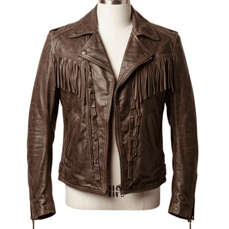 Vintage Brown Leather Fringe Biker Jacket: Handmade Distressed Western ...