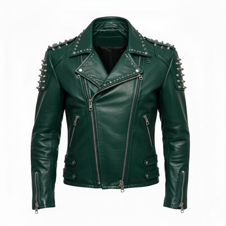 Men’s Black Spiked Leather Jacket – Handmade Asymmetrical Zip Coat ...