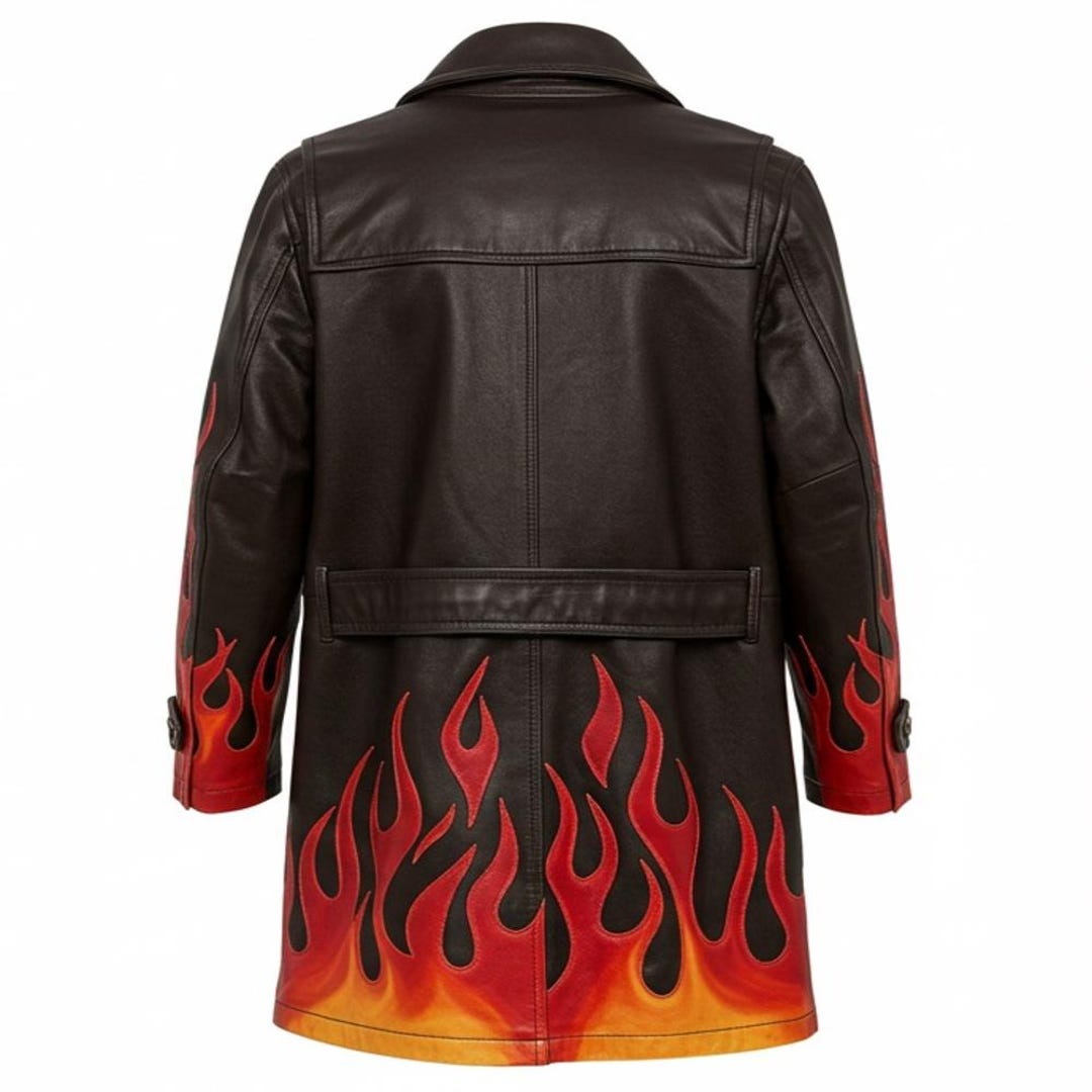 Brown Leather Duffle Coat – Flame Print Toggle Jacket for Men ...
