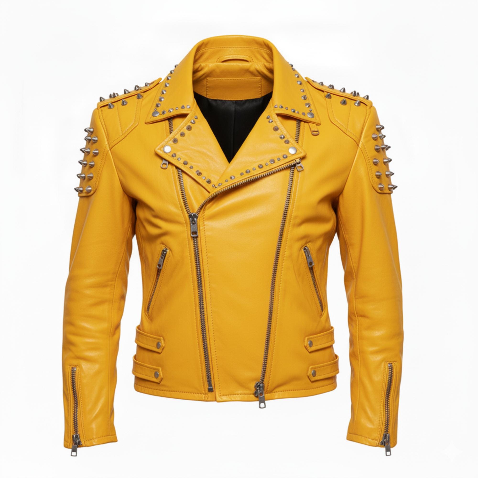 Men’s Black Spiked Leather Jacket – Handmade Asymmetrical Zip Coat ...