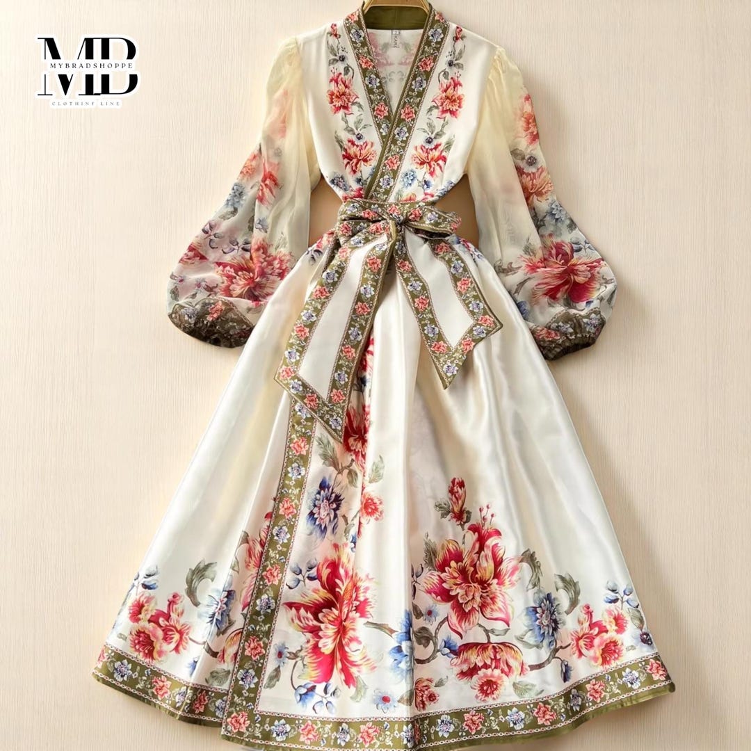Vintage Flower Bandage Bow Wrap Dress - V Neck Long Sleeve Floral Print ...