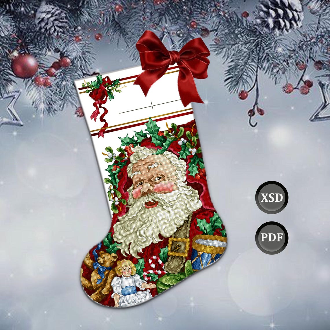 Santa Claus Christmas Stocking Cross Stitch Pattern: Holiday Embroidery ...