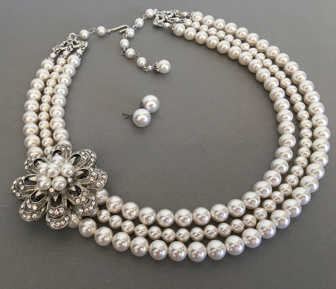 Pearl Wedding Necklace with Brooch 3 strands White Swarovski | Etsy