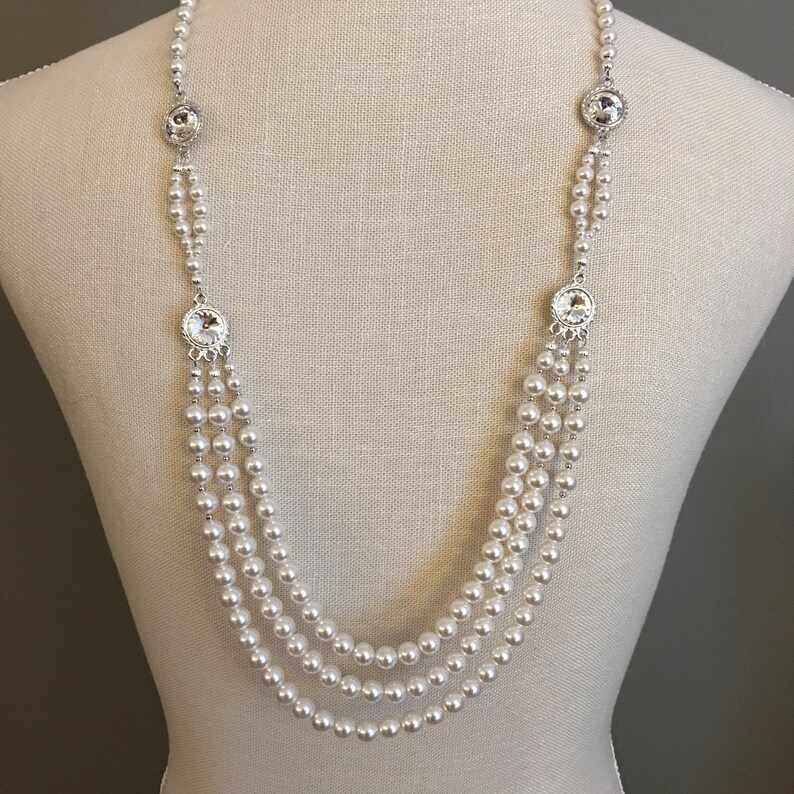 Long Pearl Flapper Necklace 3 Strands Crystal Pearls in White | Etsy