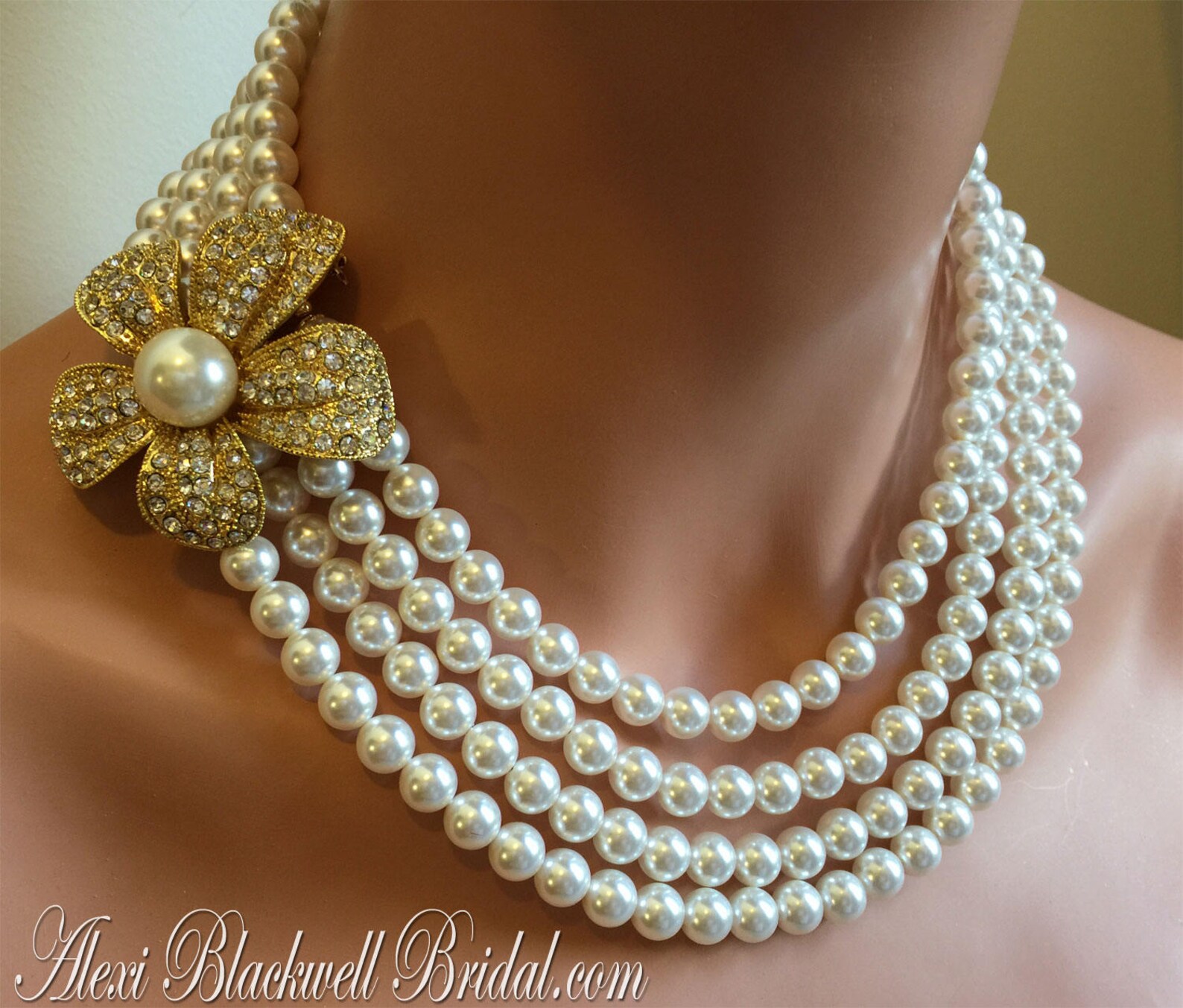 Pearl Statement Necklace With Brooch in Silver or Gold 4 Multi Strands ...