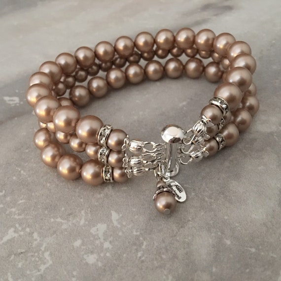 Pearl Bracelet in 3 Strands Swarovski Pearls Powder Almond or Your Choice of Color With Rhinestone Spacers Made in Your Size Etsy