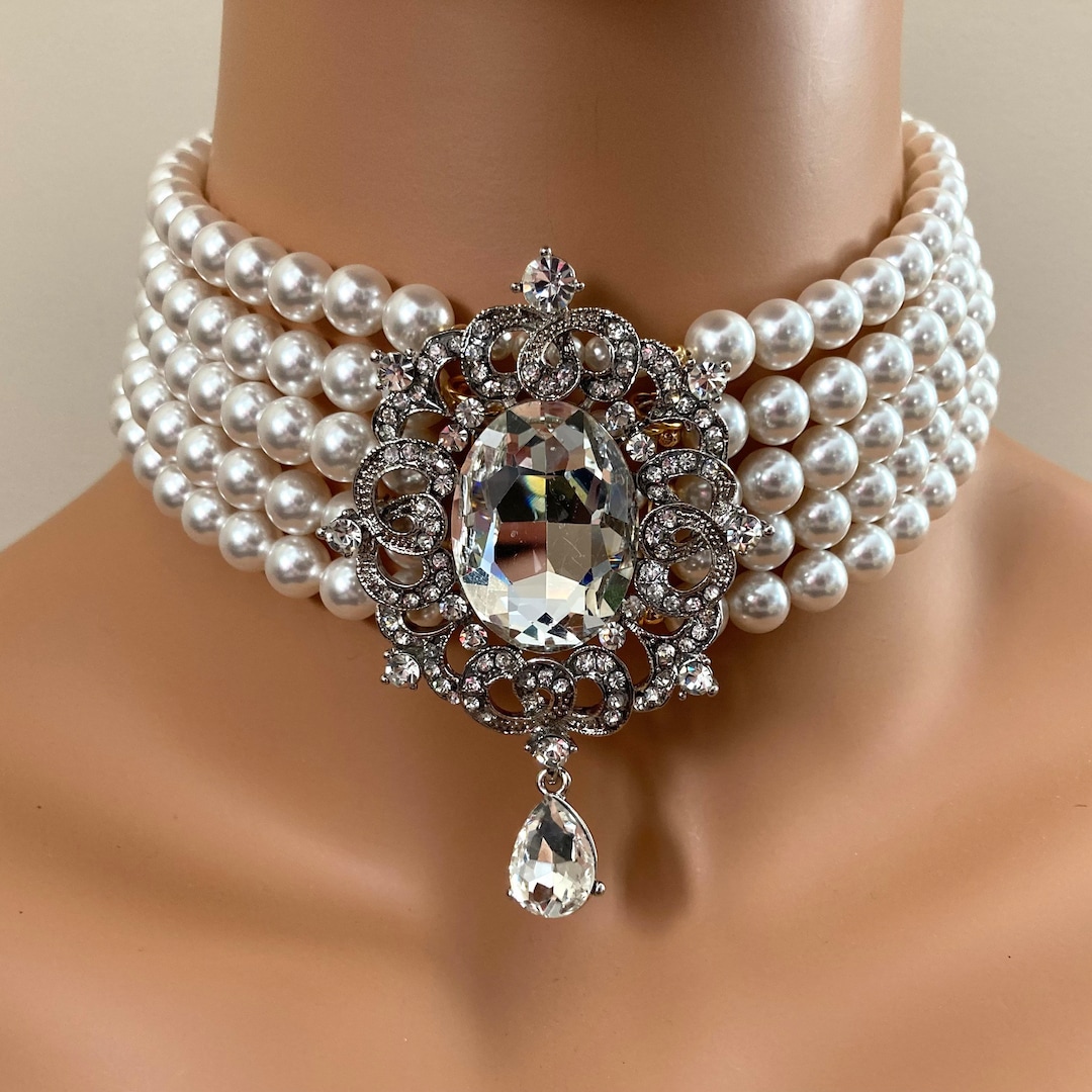 Pearl Choker Necklace With Silver Rhinestone Brooch Focal 5 Strands ...