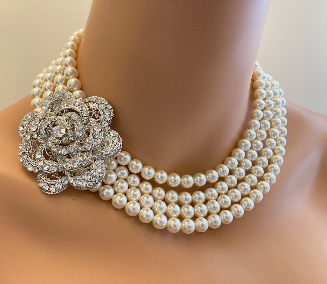 Pearl Necklace Set With Brooch and Earrings Wedding Jewelry Set Multi Strand Crystal Pearls Cream Ivory or Your Color Mother of the Bride Etsy