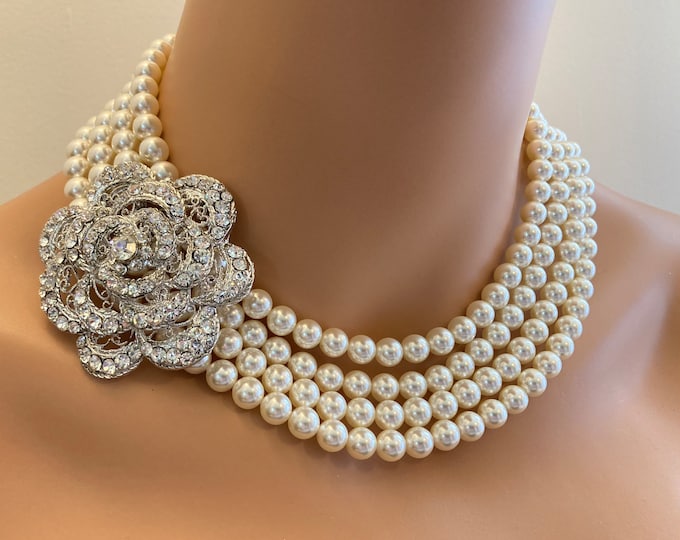 Pearl Necklace Set With Brooch and Earrings Wedding Jewelry Set Multi ...