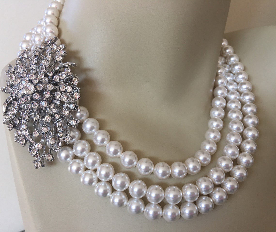 Pearl Necklace with Brooch 3 strands Swarovski pearls | Etsy