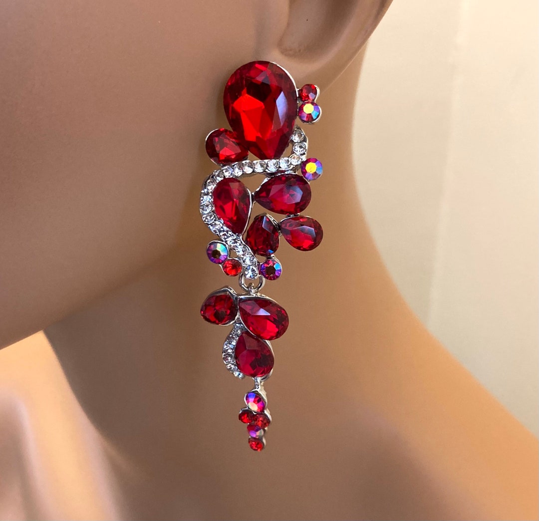 Red Rhinestone Earrings Long Red Earrings With AB Rhinestone Accents in ...