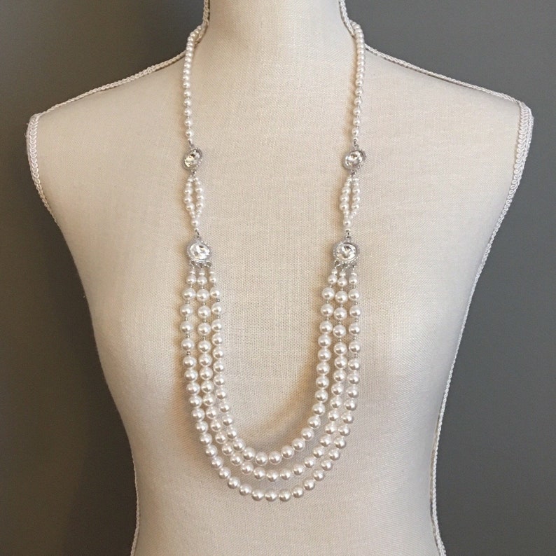 Long Pearl Flapper Necklace 3 Strands Crystal Pearls in White | Etsy