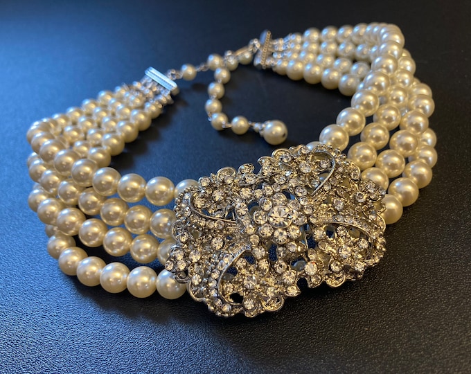 Pearl Choker 4 Strands of Layered Pearls Silver Art Deco Rhinestone ...
