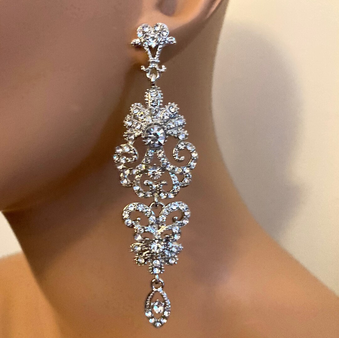 Wedding Earrings Long Rhinestone Earrings Pierced Style or Clip on in ...