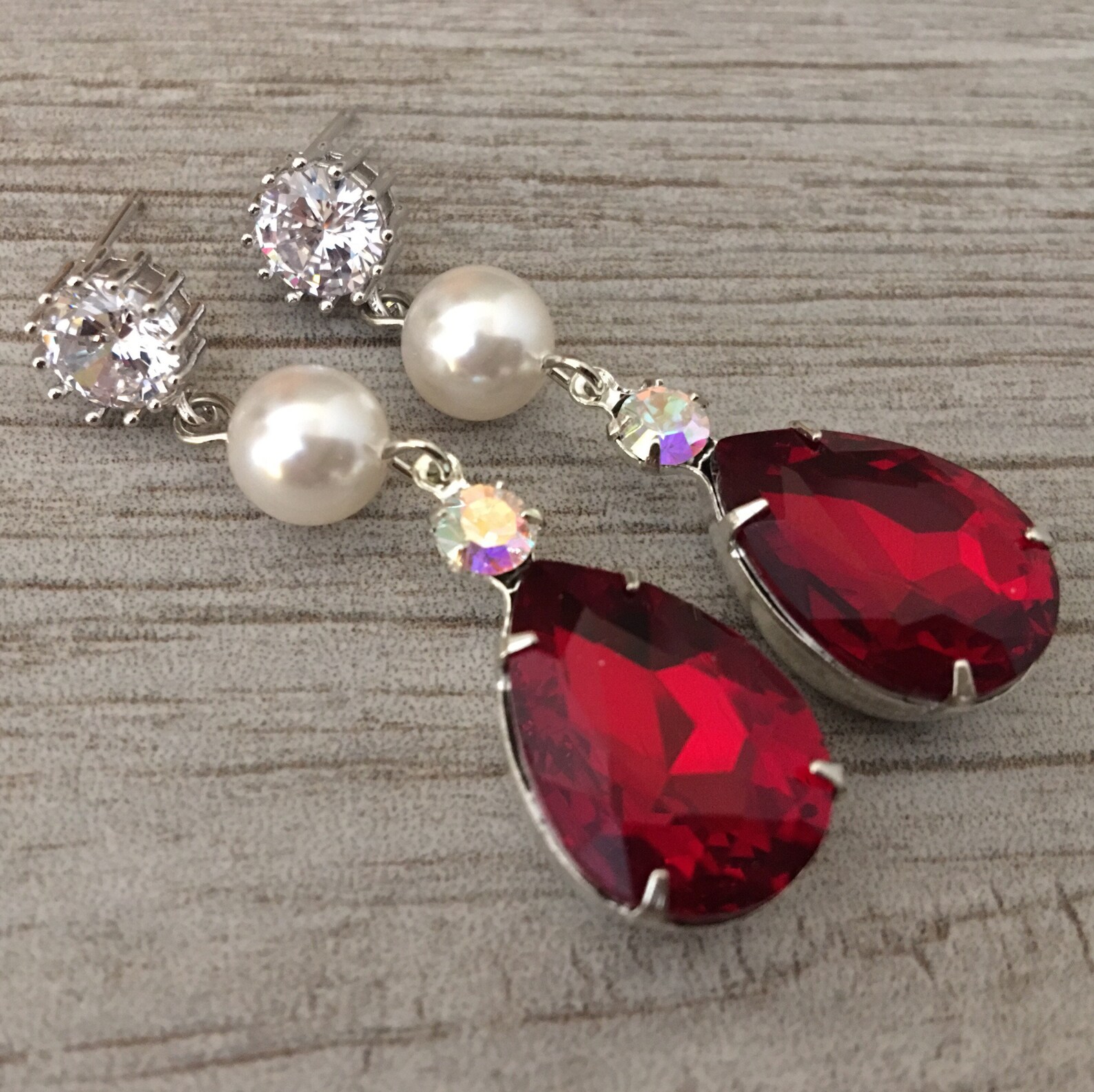 Long Red Earrings With White or Cream Ivory Pearl Red Rhinestone ...