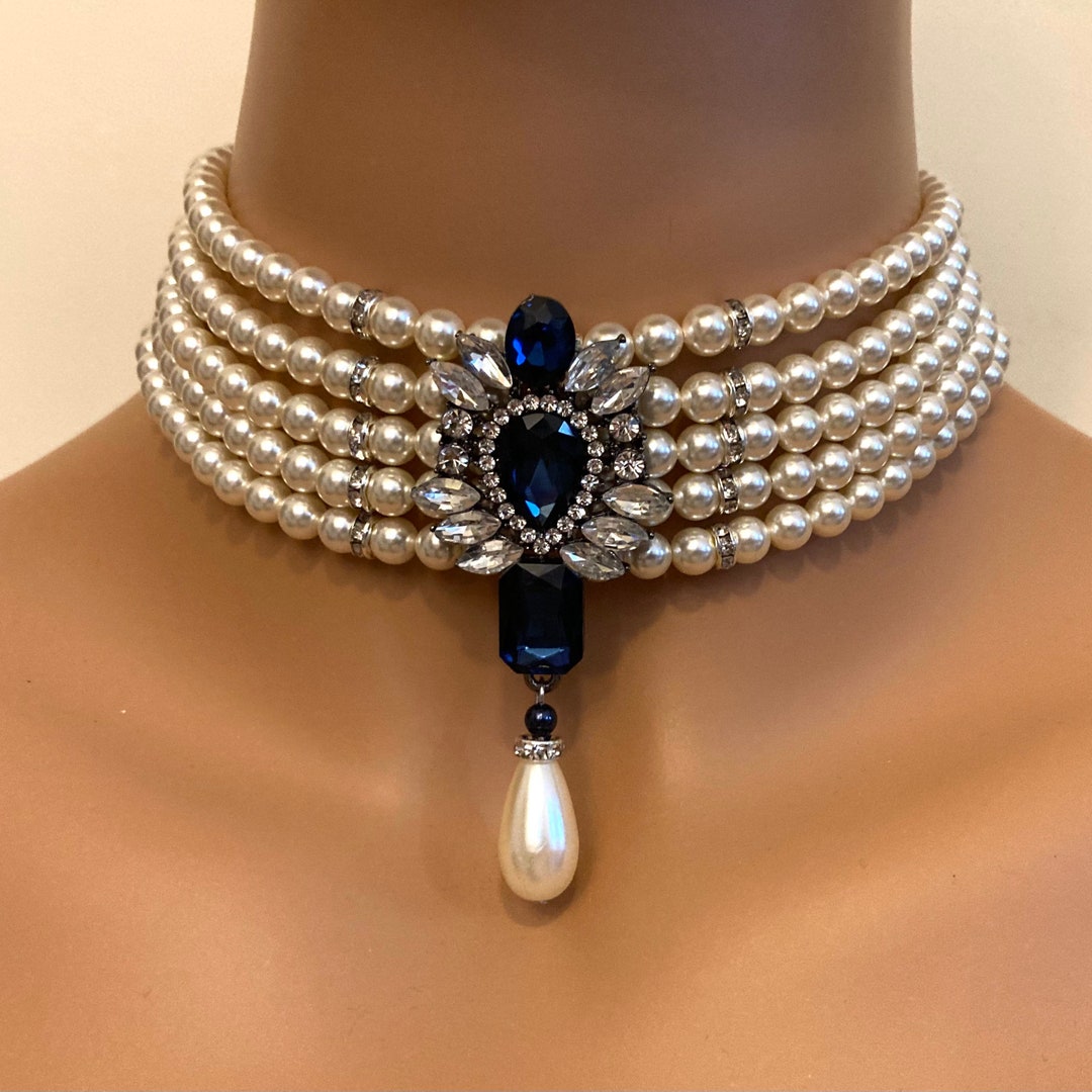 Pearl Choker Necklace Sapphire Blue Rhinestone 5 Strands in Cream Ivory ...
