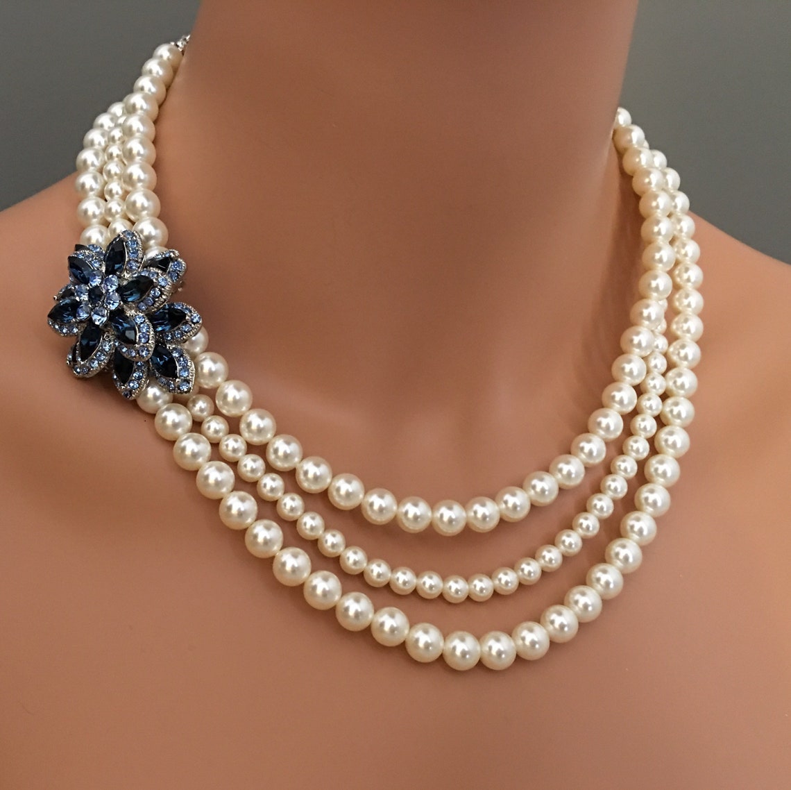 Pearl Necklace Set With Navy Blue Brooch Crystal Glass Pearls - Etsy