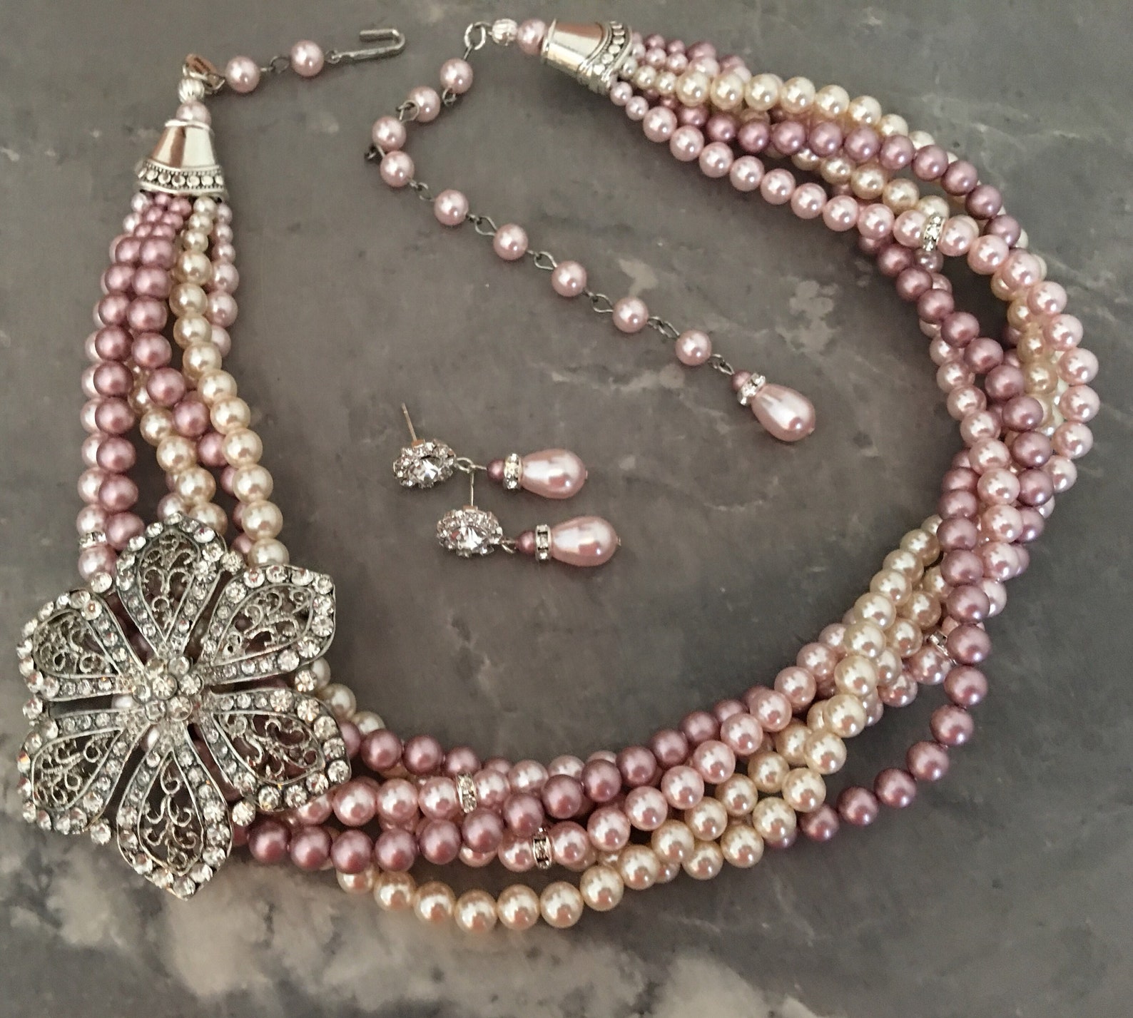 Pink Pearl Necklace Set With Earrings and Brooch 6 Strands Twisted ...