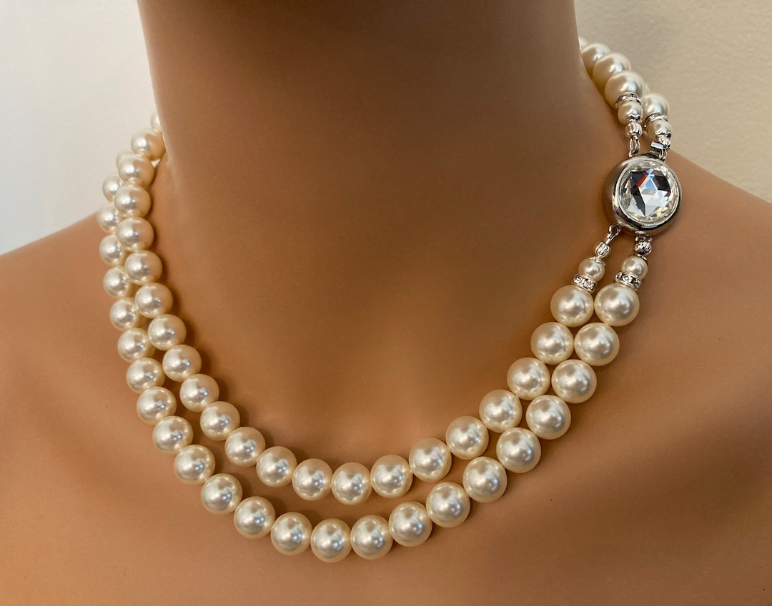 Pearl Necklace Earrings Set 2 Double Strand Chunky Crystal Pearls and ...