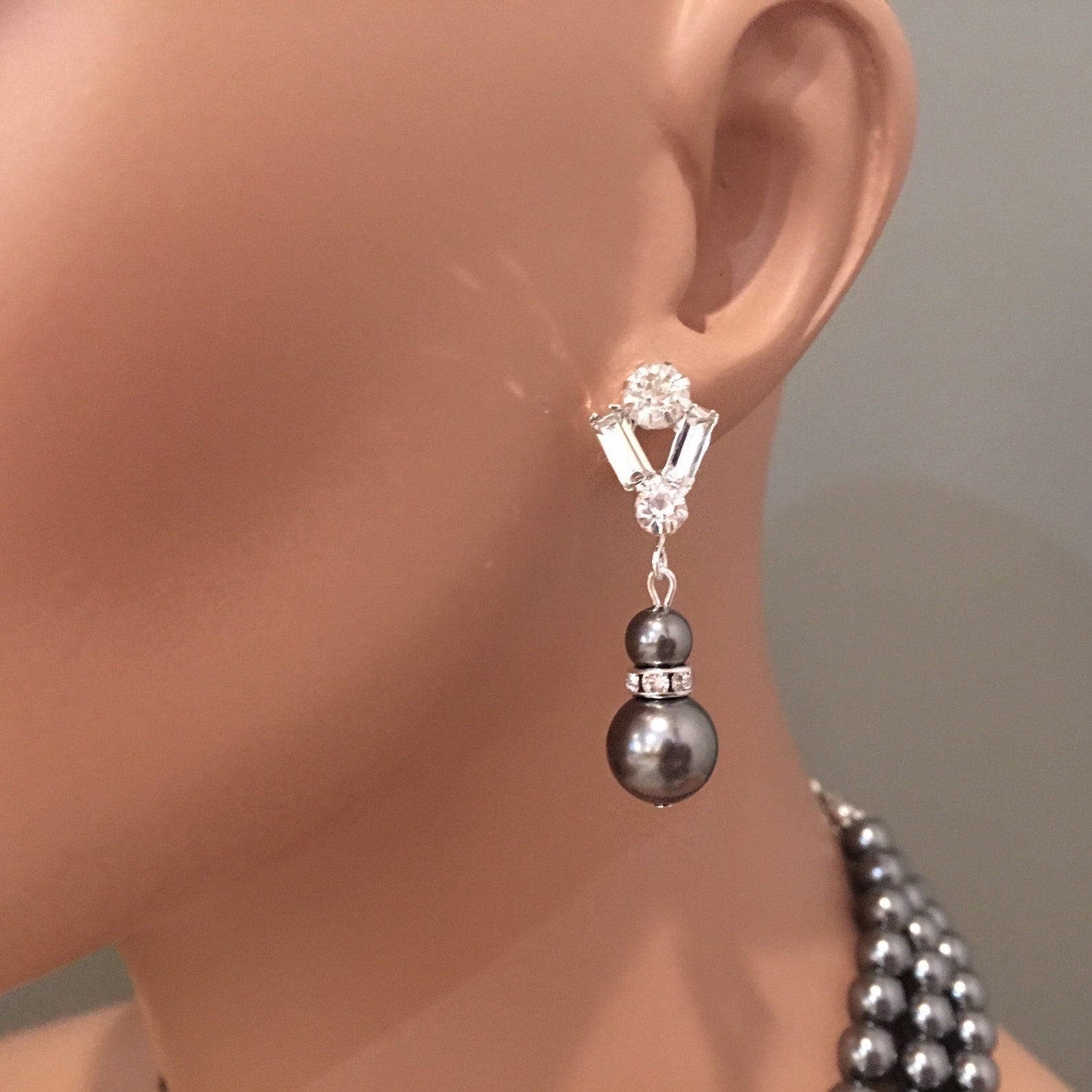 Gray Pearl Necklace Earrings Set 3 Strands Dark Grey Pearls or - Etsy