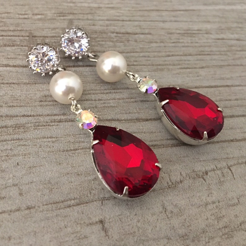 Long Red Earrings With White or Cream Ivory Pearl Red Rhinestone ...