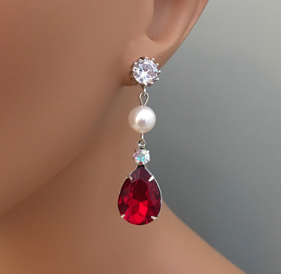 Long Red Earrings With White or Cream Ivory Pearl Red Rhinestone ...