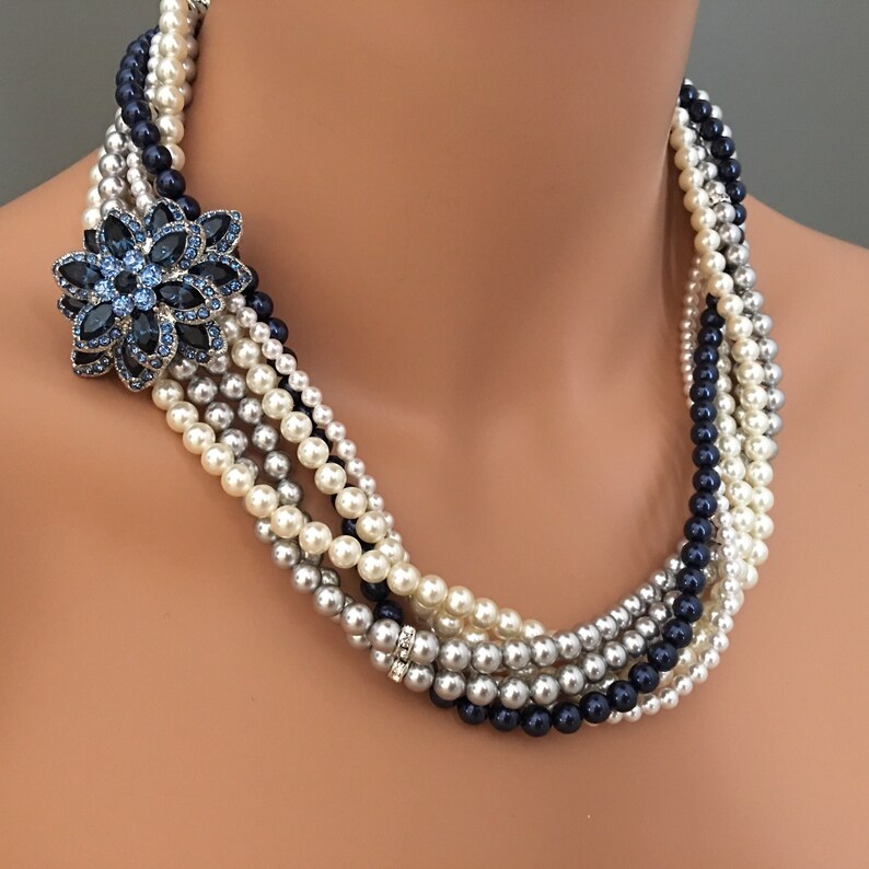 Navy Blue Necklace Set With Brooch and Earrings Night Blue - Etsy