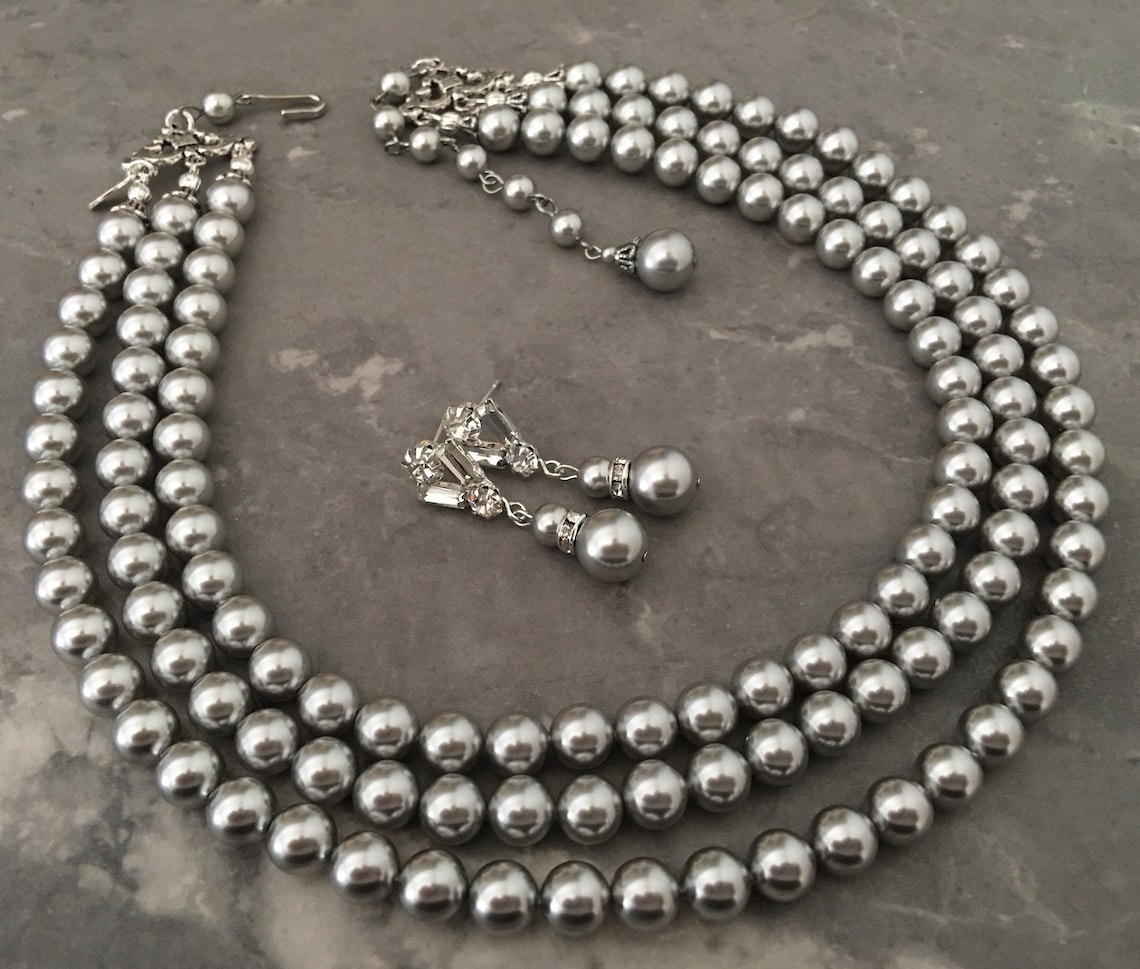 Classic Gray Pearl Necklace Set 3 Multi Strand Swarovski | Etsy