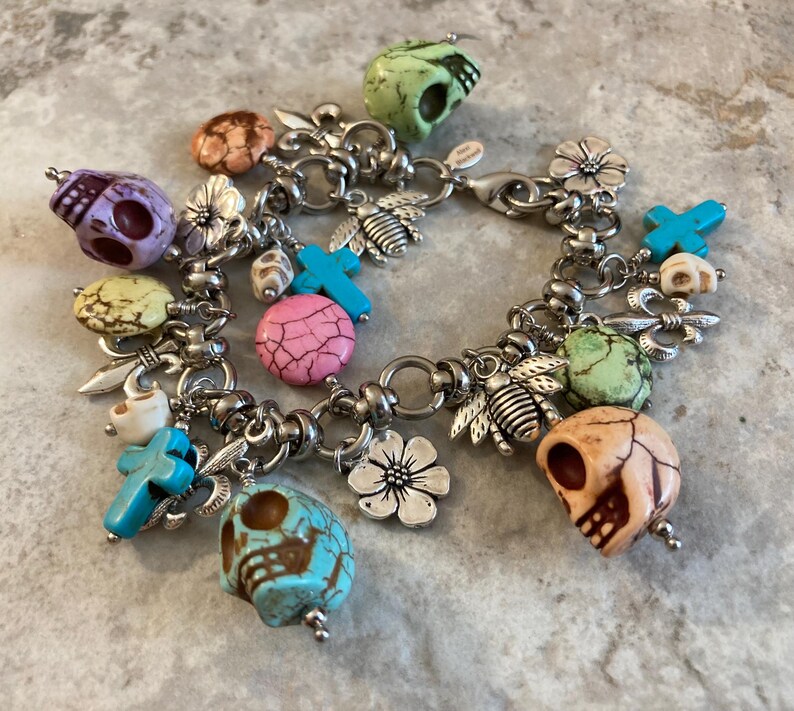 Charm Bracelet Frida Kahlo Silver Charm Bracelets With Gemstone Skulls ...
