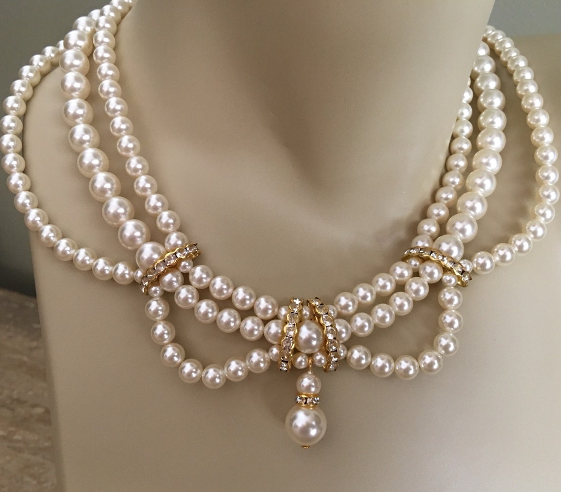 Victorian Pearl Necklace Earrings Set Vintage Style 3 Multi - Etsy