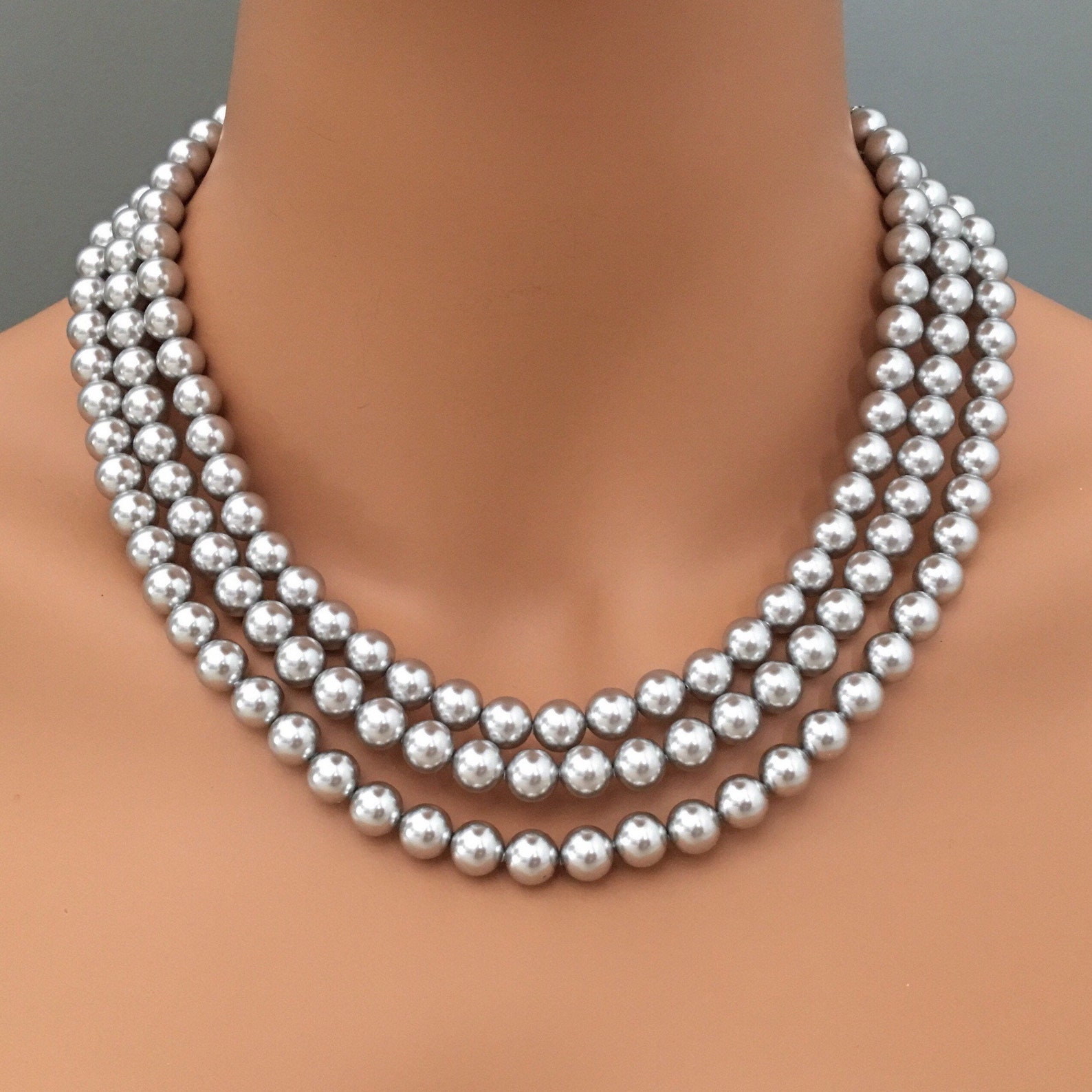 Classic Gray Pearl Necklace Set 3 Multi Strand Crystal Light Etsy