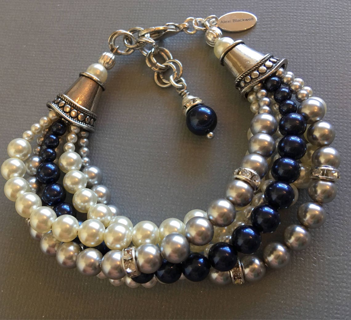 Navy Blue Bracelet Multi Strand Night Blue Light Grey and - Etsy