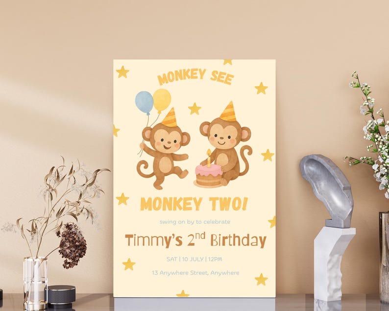 Cute Monkey Two Birthday Invitation Template • Swing on Over • Editable ...