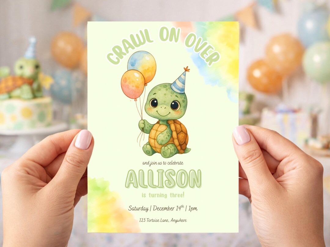 Tortoise Birthday Invitation, Turtle Editable Birthday Invite Template ...