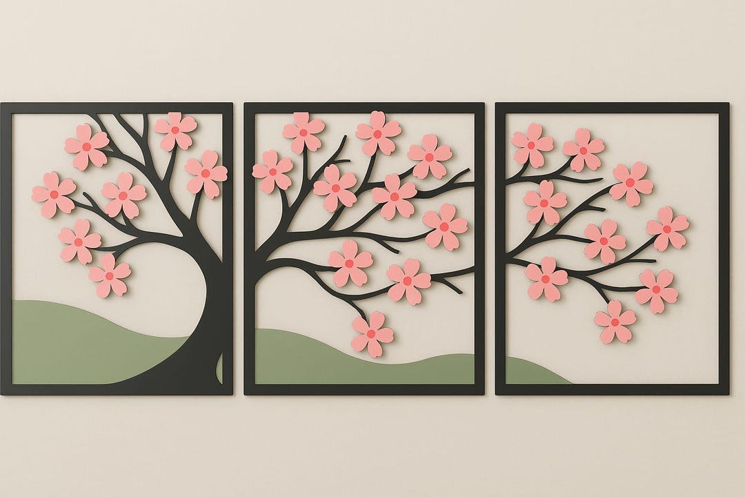 Metal Sakura Tree Wall Art | 3-piece Laser Cut Cherry Blossom Panel ...