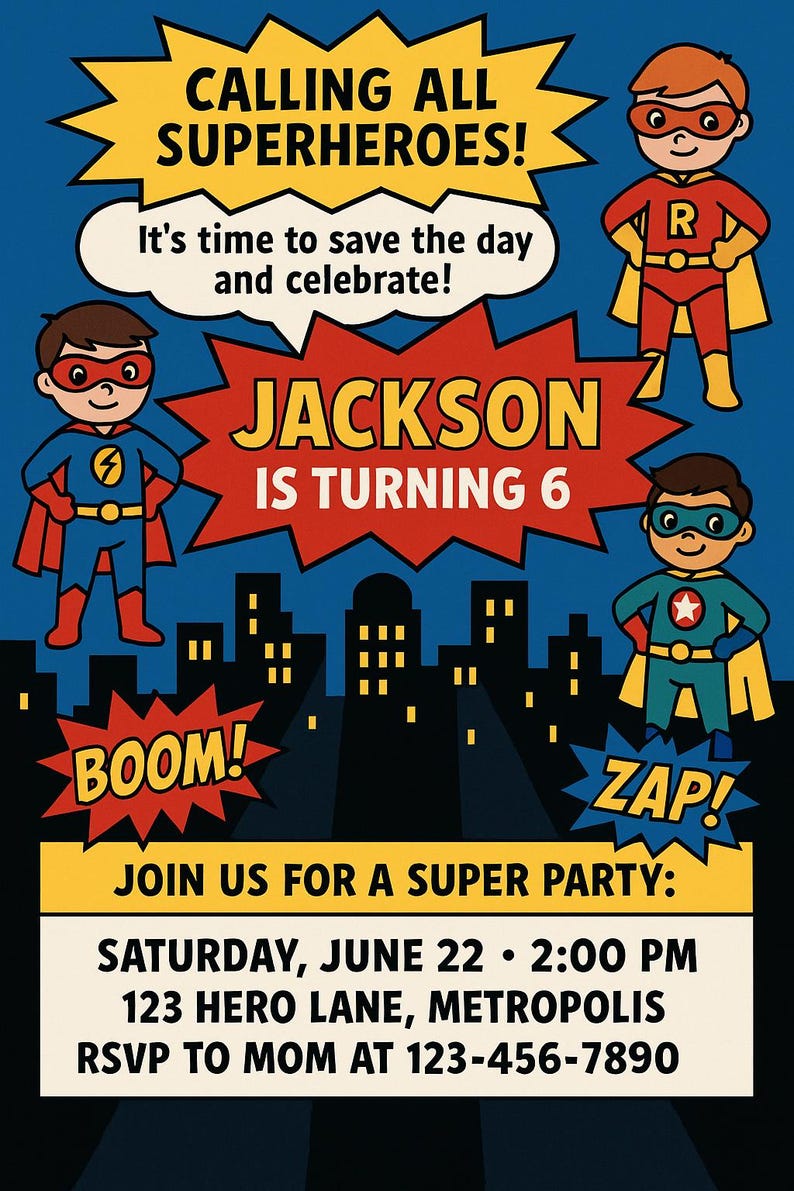 Editable Superhero Birthday Invitation for Kids – Comic Style Digital ...