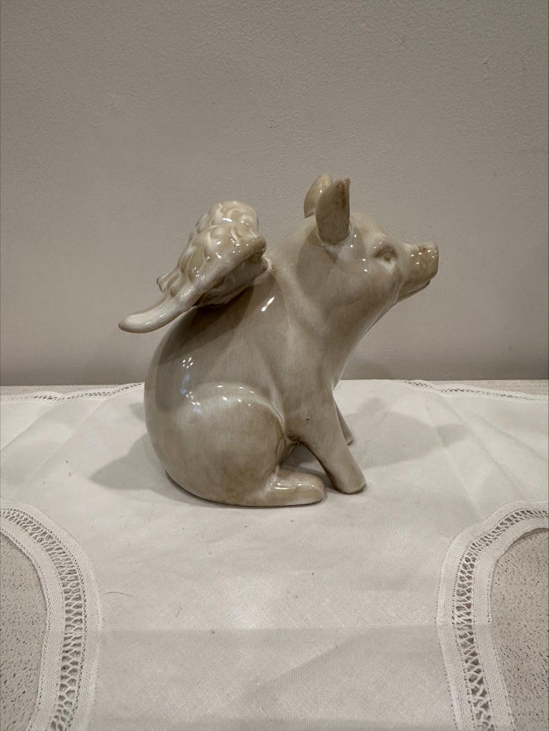 Whimsical Ceramic Flying Pig Figurine, Beige Glazed Pig With Wings ...