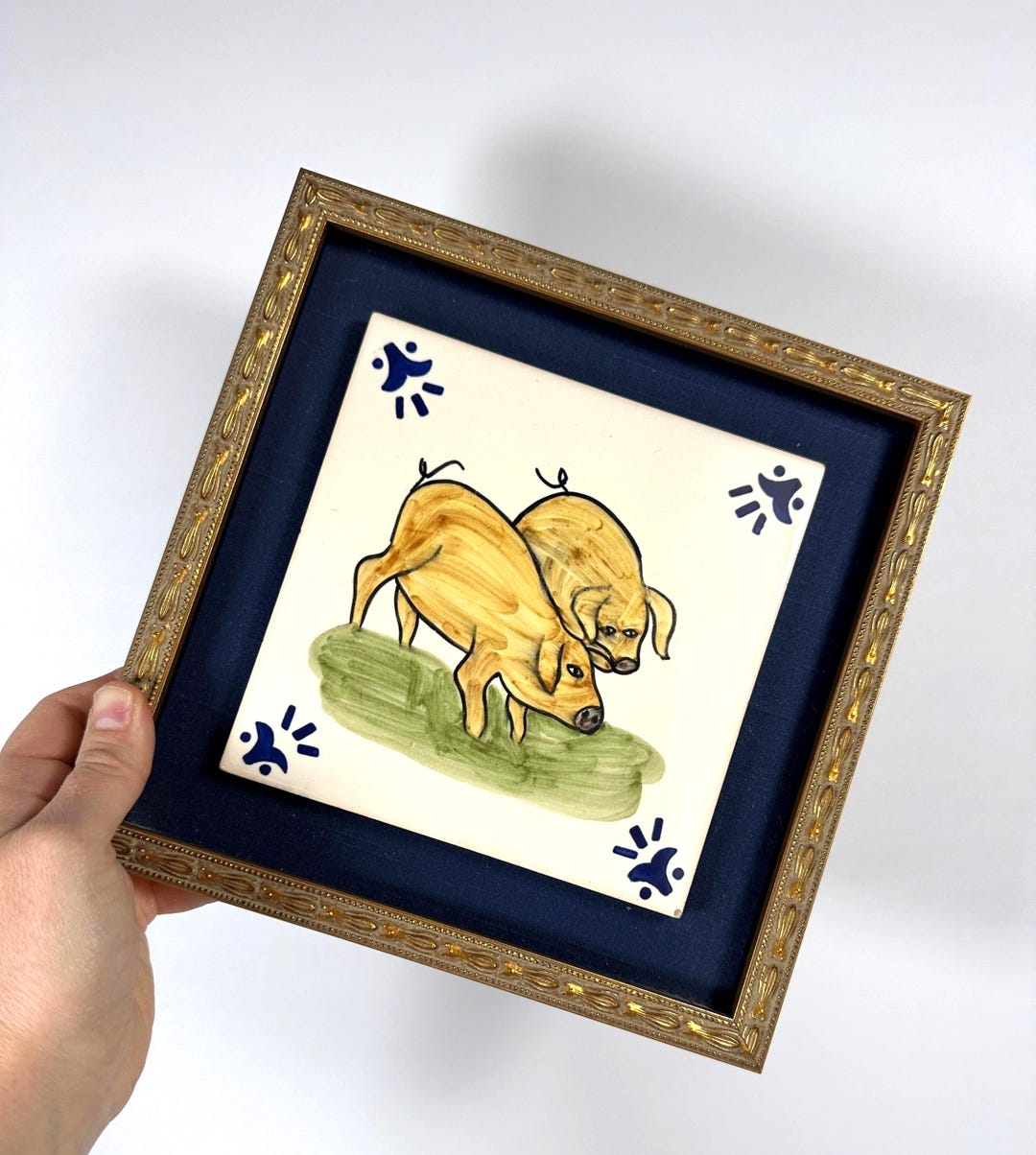 Hand-painted Pig Tile Art: Rustic Farmhouse Decor, Blue & Gold Frame - Etsy