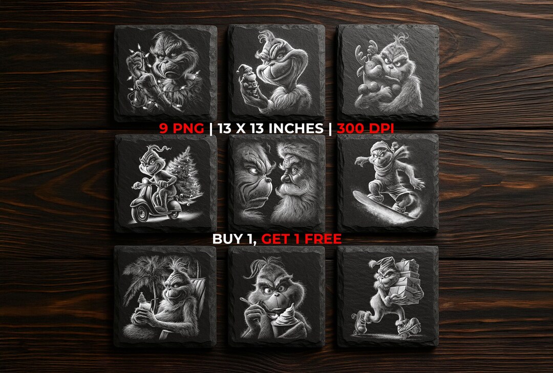 Grinch Laser Engraving Files: Christmas PNG Designs for Slate Coasters ...