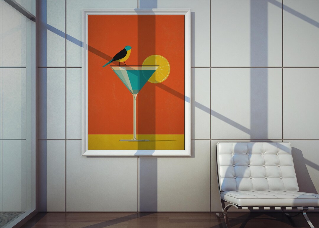 Retro Cocktail Bird Art, Martini Glass & Bird Wall Decor, Animal Wall ...