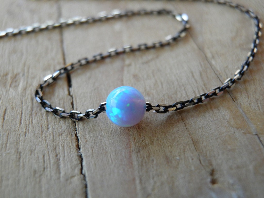 Opal Necklace Box Chain Black Sterling Silver Necklace Tiny One 4mm ...