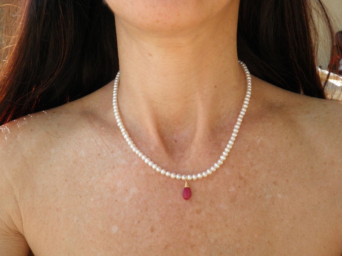 Pearl and Ruby Necklace Bridal Necklace Ruby Pendant Gold | Etsy